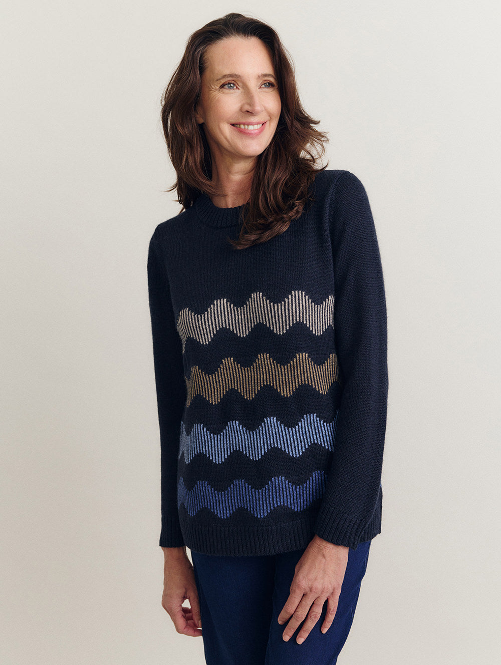 Larea Knit - Women's Zig Zag Knit Jumper in Navy - Black Pepper
